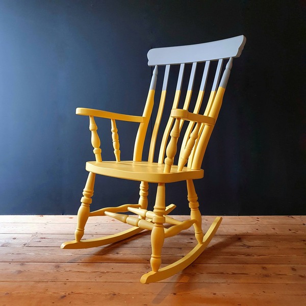 Two Tone Yellow And Grey Painted Wooden Rocking Chair | Vinterior