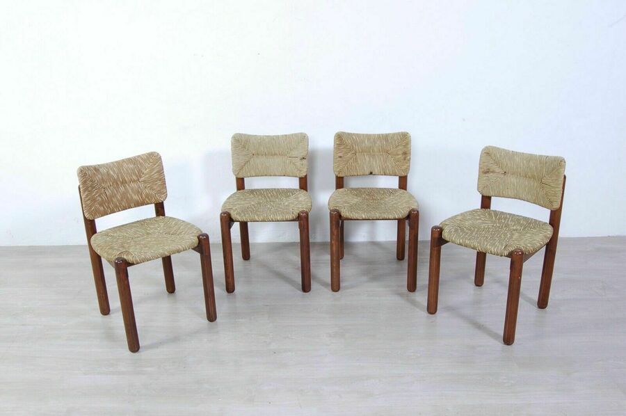 Set Of 4 Wooden Chairs And Straw Seats Design From The 70s 80s Vintage ...