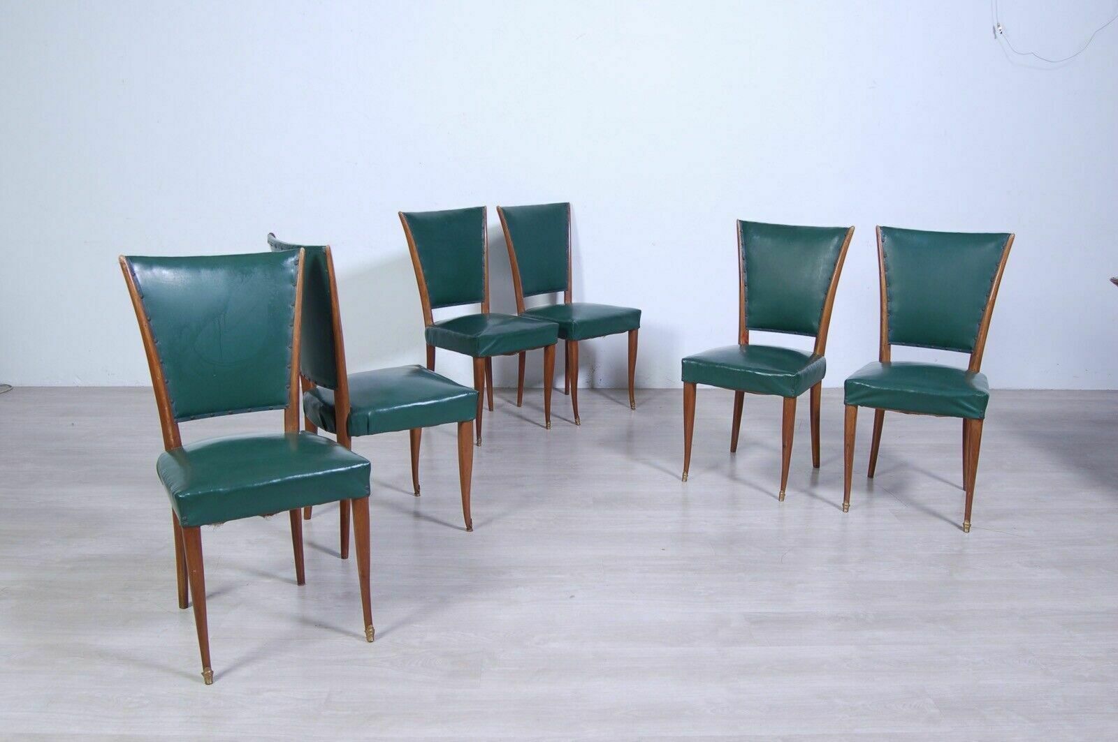 Set Of 6 Vintage Design Chairs From The 50s And 60s In Modernized Green Skai Wood