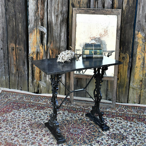 Antique Black Grey Mottled Marble Topped Cast Iron Outdoor Garden Console Table Vinterior