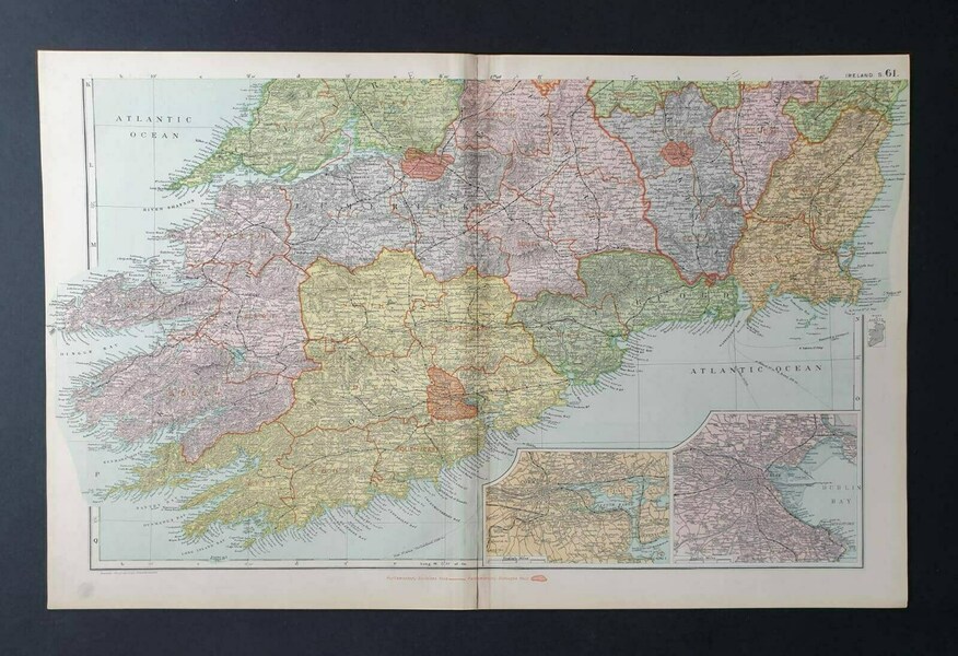 Original 1900 Large Antique Map Ireland South | Vinterior