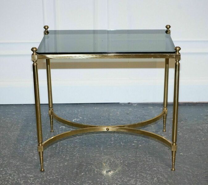 French Hollywood Regency 1960s Brass Smoked Glass Coffee Table