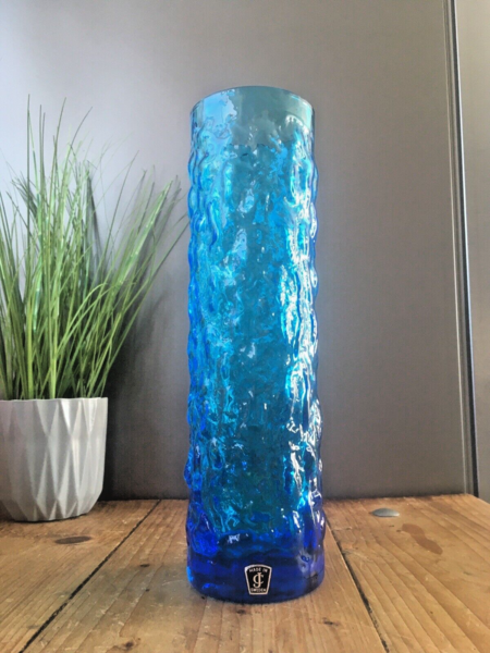 Large Mid Century 12" Swedish Lindshammar Glass Blue Bark Vase Jc Jones ...