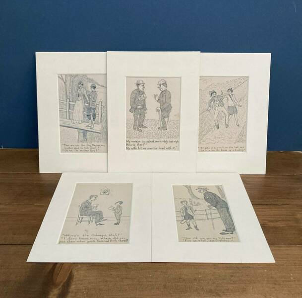Five Mounted Humourous Cartoon Pencil Sketches C. Early 20th Century ...