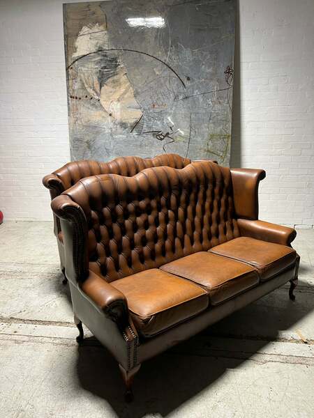 Beautiful Pair Of Twice Loved Chesterfield Wing Back Sofas In Caramel ...