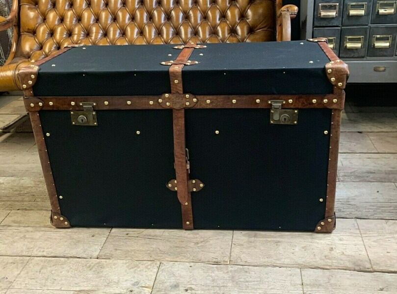English Black Millerain Canvas & Tan Leather Coffee Table Trunk | Vinterior