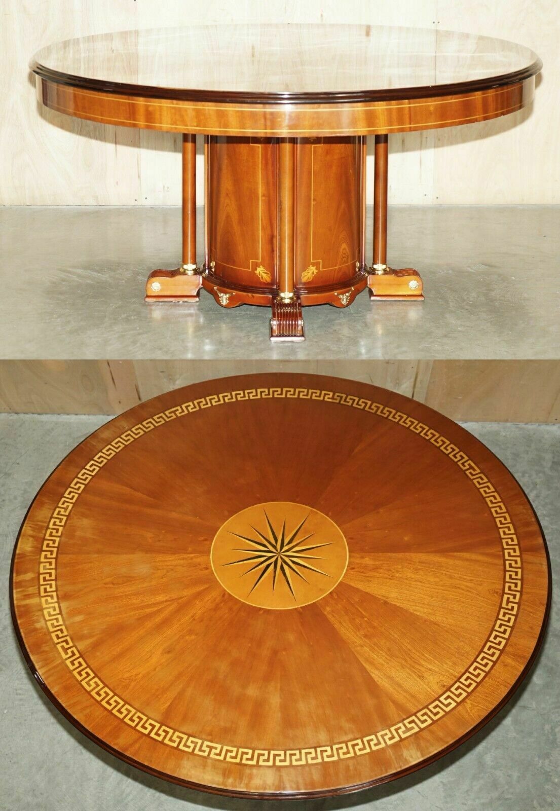 Large Flamed Mahogany 6 8 Person Round Dining Table With Greek Key Design Inlay Vinterior