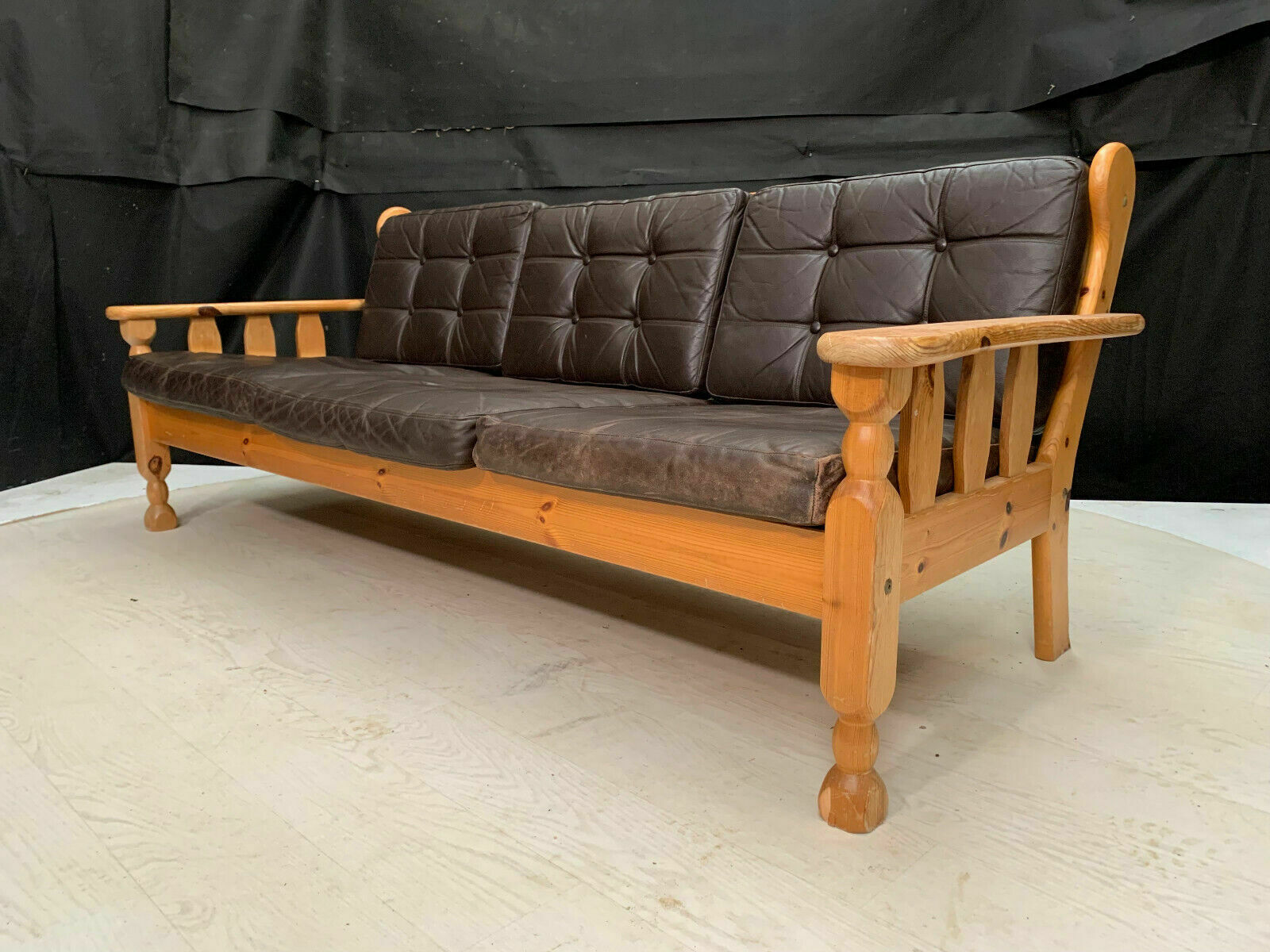Danish Pine 3 Seater Brown Leather Sofa 1970 Vintage Retro Kitsch Lounge