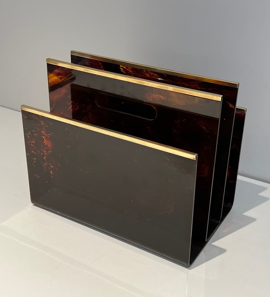 Tortoise Shell And Brass Plexiglass Magazine Rack | Vinterior