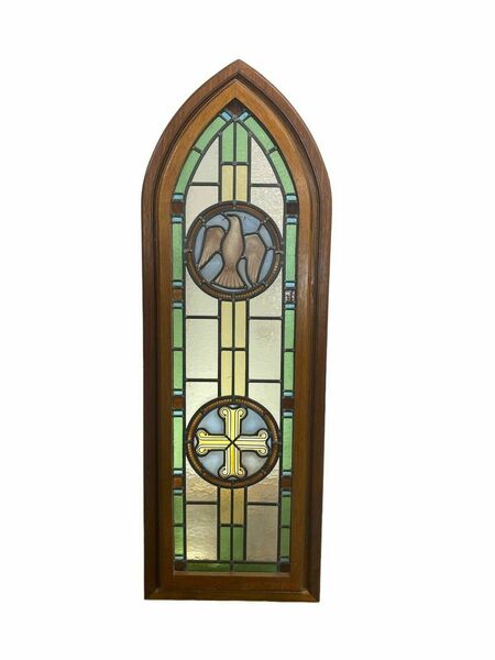 Exquisite Stained Glass Hand Painted Window Panel Old Restored Arched ...