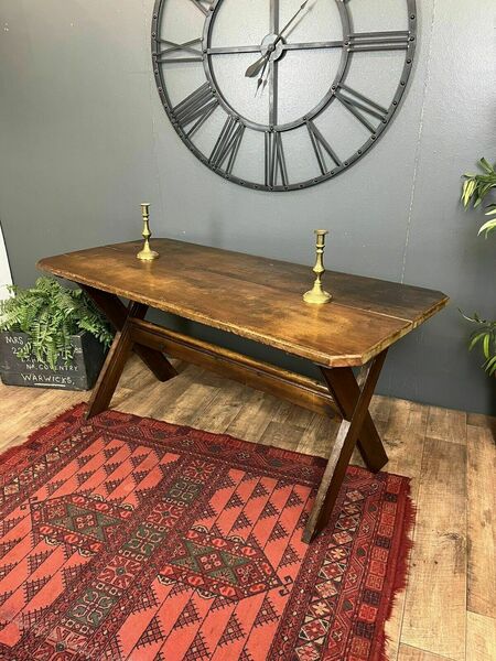 Exceptional Antique Welsh Pine Crossed Legged Tavern Table, Primitive Rustic | Vinterior