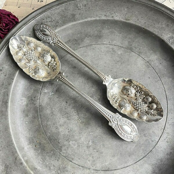 Antique Pair Of Serving Spoons, Large Berry Spoons, Silver Plate ...