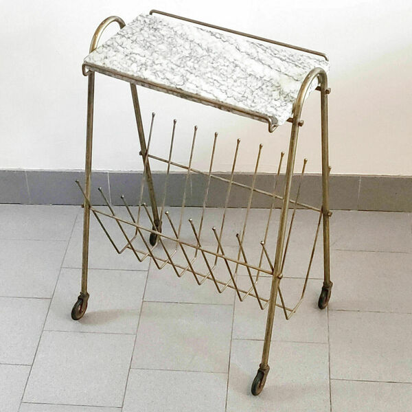 Side Table Rolling Magazine Rack 1950 Vintage Brass & Marble 50s 1950s ...