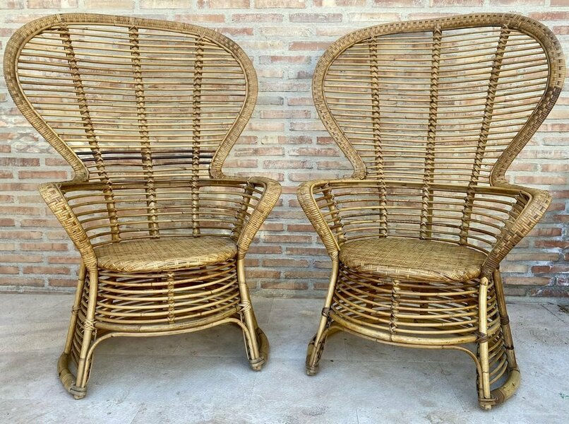 Spanish High Back Armchair In Bamboo Wicker, 1970s, Set Of 2 | Vinterior