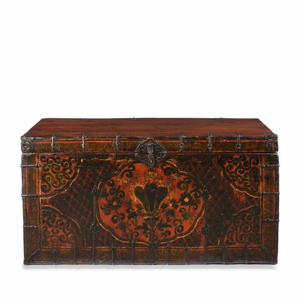 Antique Painted Tibetan Chest With Flaming Jewels, 18th Century | Vinterior