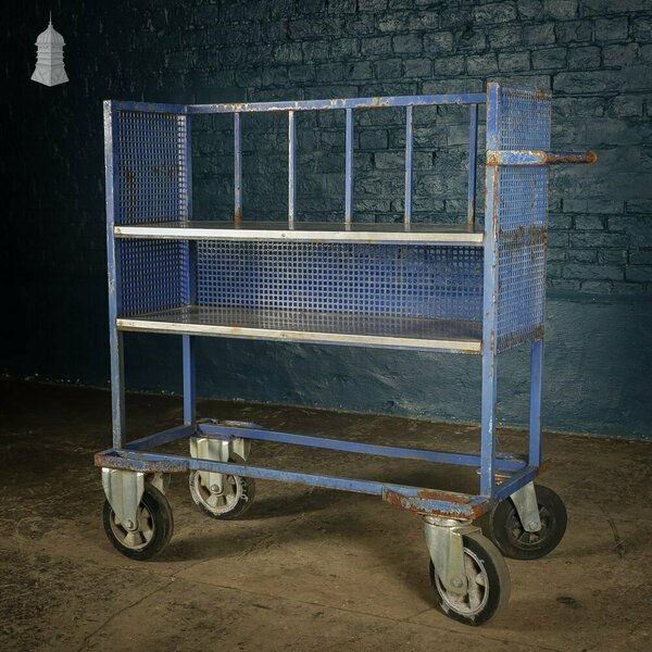 Vintage Blue Steel Wheeled Industrial Trolley Shelf Unit | Vinterior