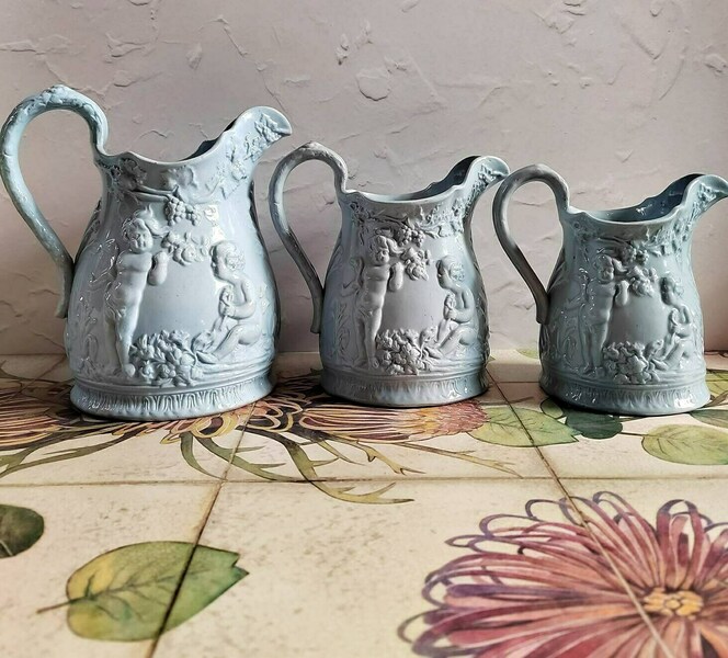 Set Of 3 Cherub Design Antique Jugs/ Ironstone Style Grey Pottery Jugs ...