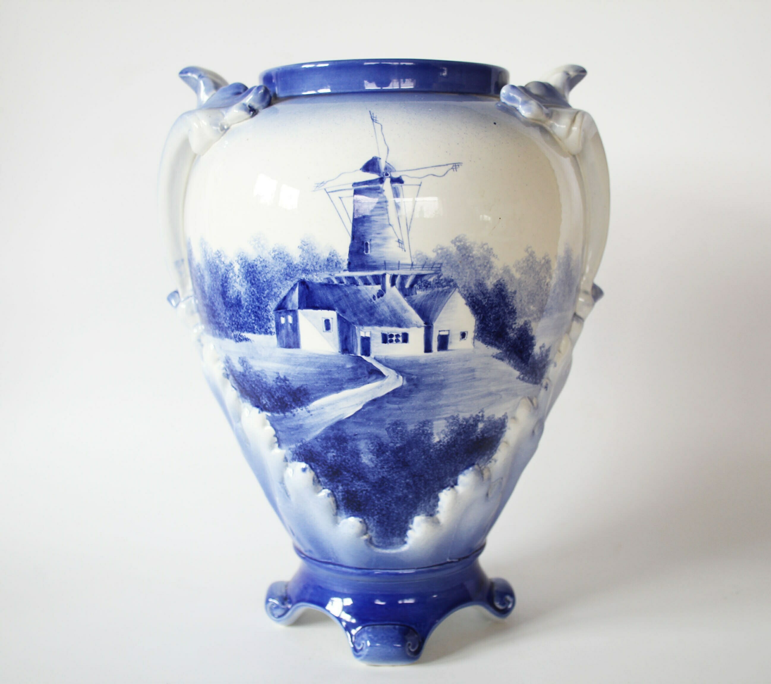 Tall Large Vintage Circa 1930s Blue And White Ceramic Vase, Delft Style ...