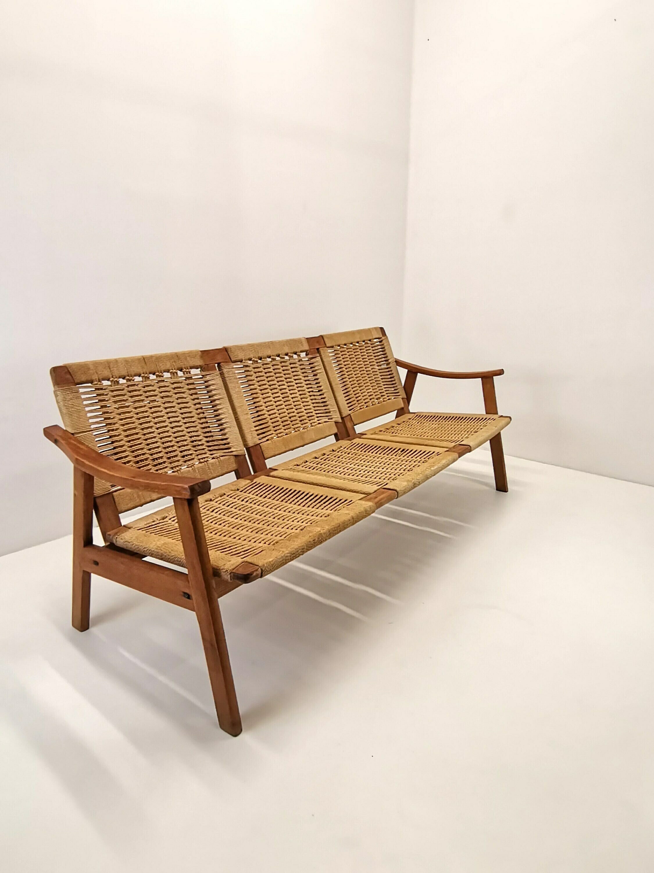 Vintage Woven Rope Bench / Hans Wegner Style Bench With Armrests ...