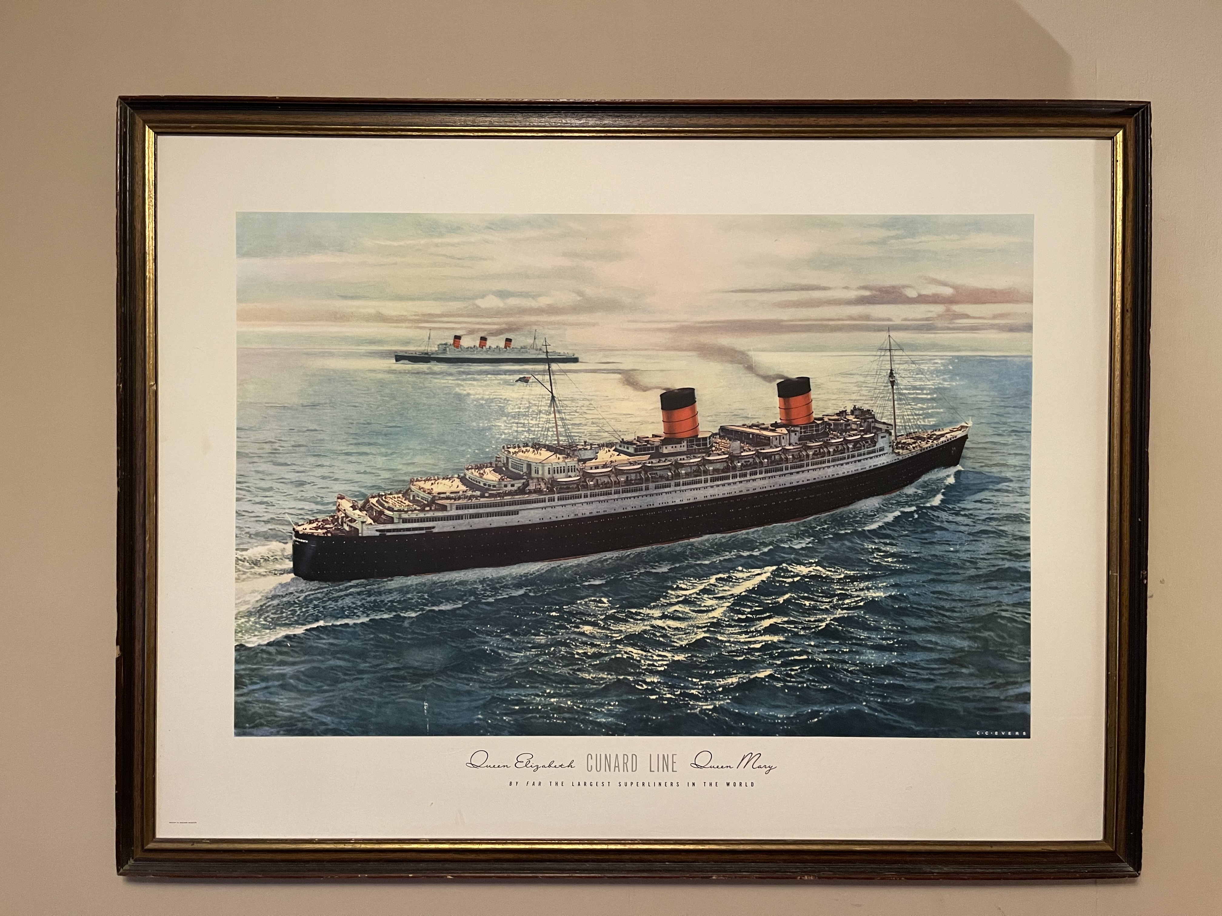 Original 1950's Cunard Travel Poster For Queen Mary And Queen Elizabeth ...
