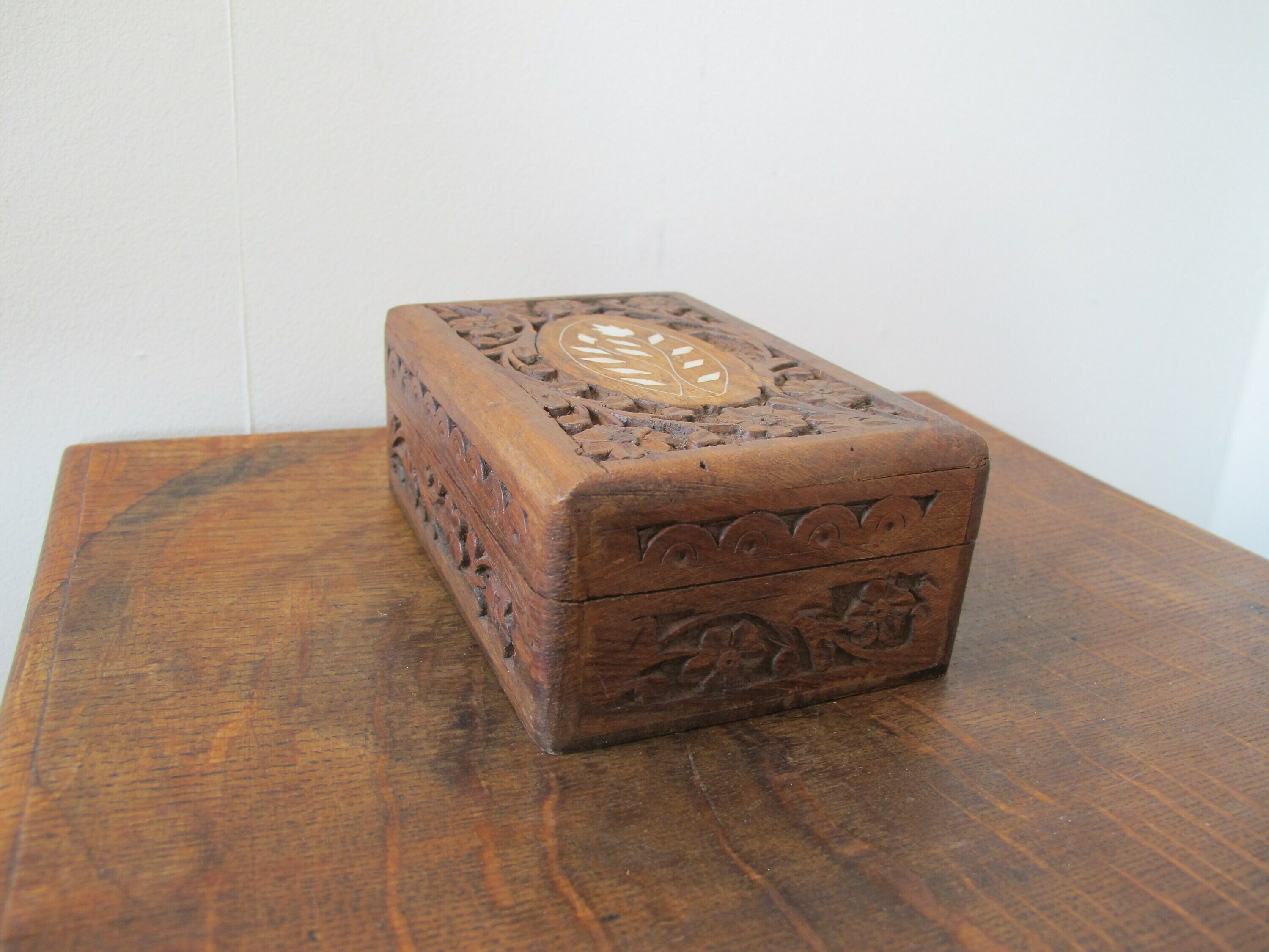 Vintage Small Wooden Box With Hinged Lid And Carved Floral And Inlaid Detailing. Fabric Lined. Keepsake Box. Boho Wooden Storage Box Vinterior
