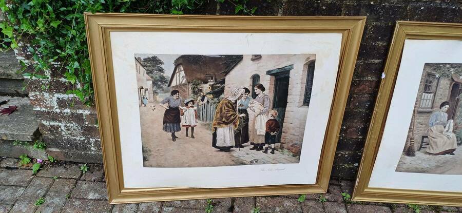 Huge Pair Of Vintage Gold Gilt Picture Frames With Maud Howells Prints Vinterior
