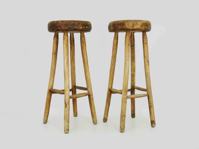Pair Of Round Bar Stools In Rustic Wood. Homemade | Vinterior