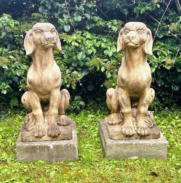 Pair Of Very Large Limestone Dogs Statues, France 1940s. | Vinterior