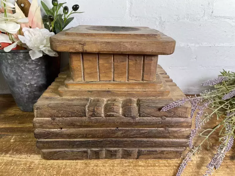 Vintage Reclaimed Hand Carved Indian Wooden Pillar Base Candle Holder ...