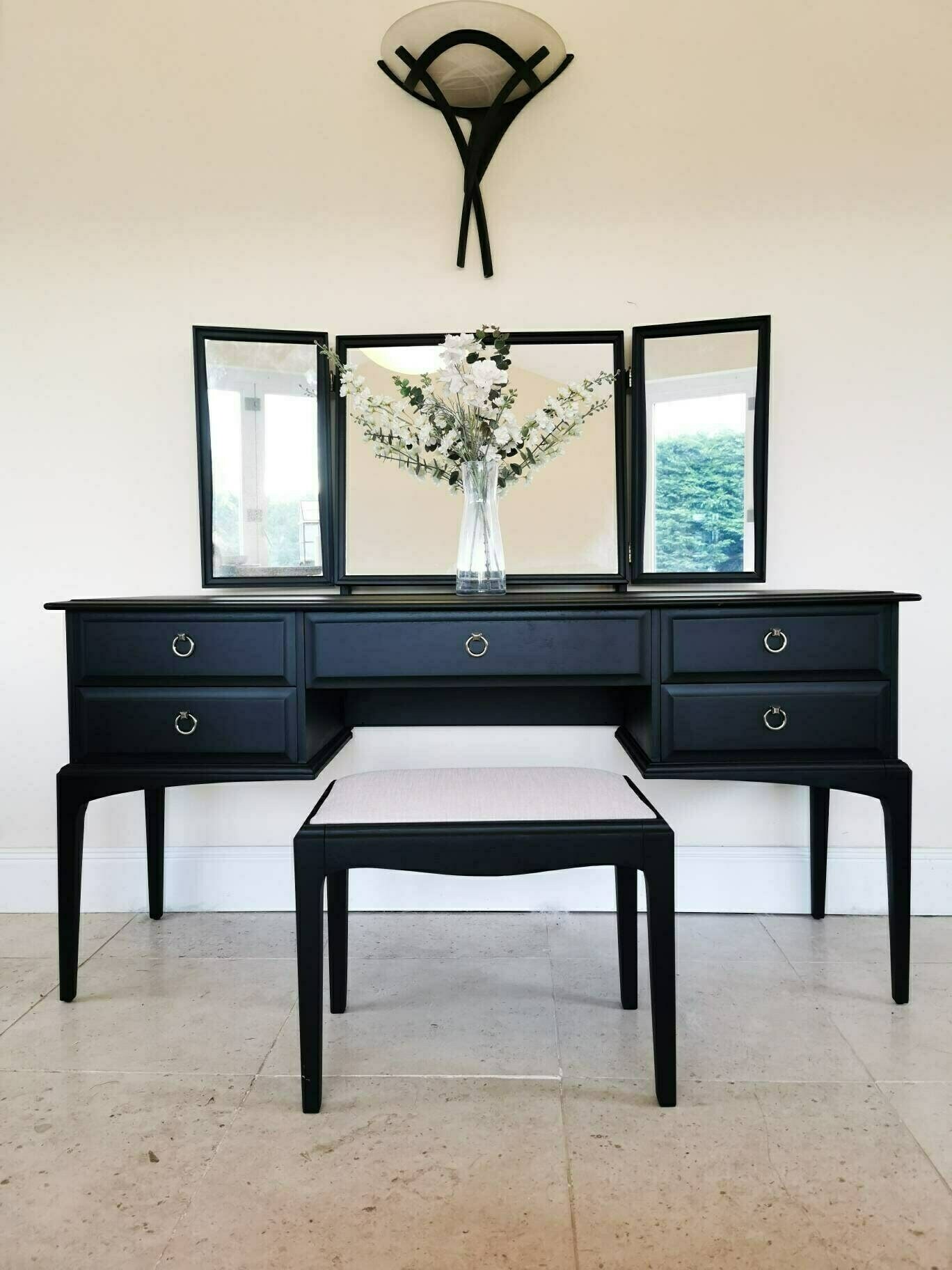 Spray Painted Matt Black Stag Minstrel Dressing Table Set With Triple Mirror Stool Stag Vinterior