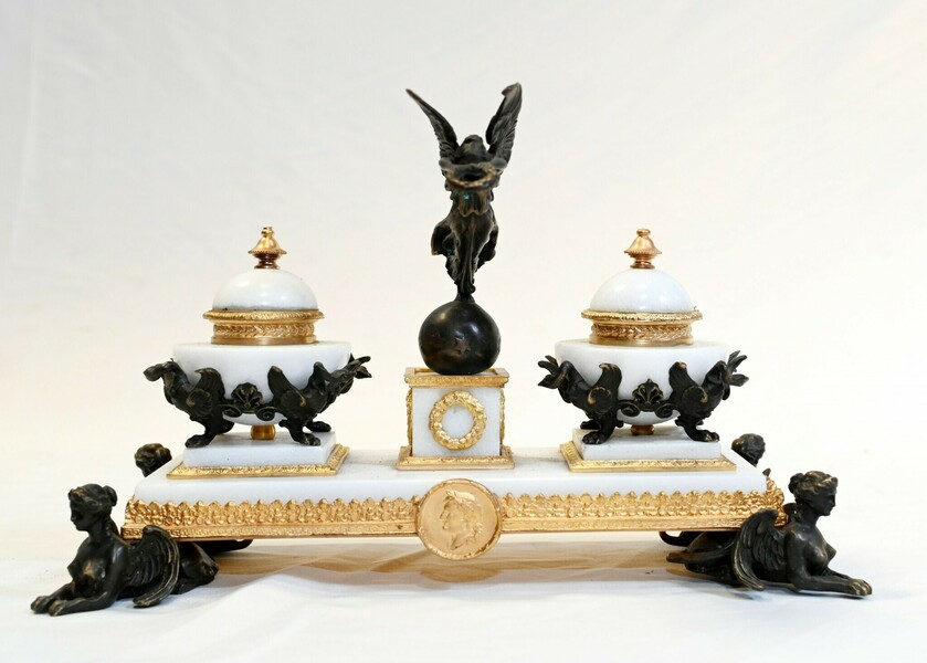 French Empire Marble Inkwell Bronze Sphinx Table | Vinterior