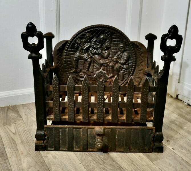 Gothic Style Free Standing Fire Basket With Decorative Back And Ash Pan ...