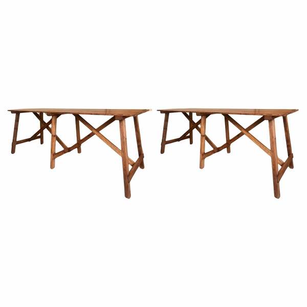 Set Of Two Spanish Rustic Pine Dining Tables With Stretcher | Vinterior