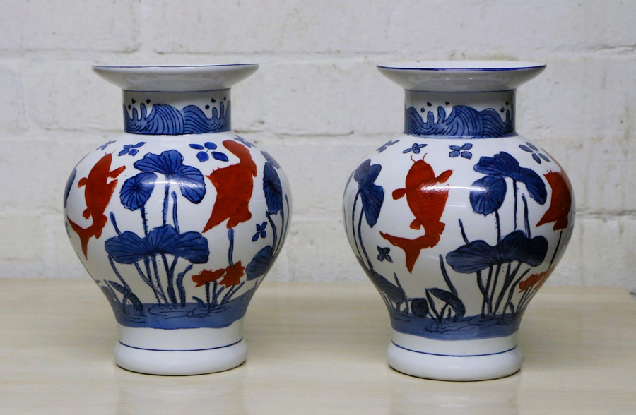 A Pair Of Chinese Ceramic Vases Aquatic Blue & White Orange Fish Koi ...