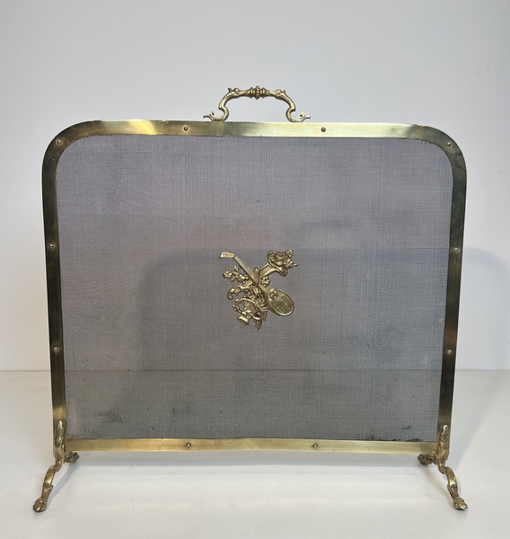 Neoclassical Style Brass And Wire Mesh Fire Screen With Mandolin And ...
