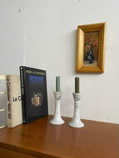 Pair Of Mottled Grey Cream And White Stone Marble Onyx Candlesticks ...