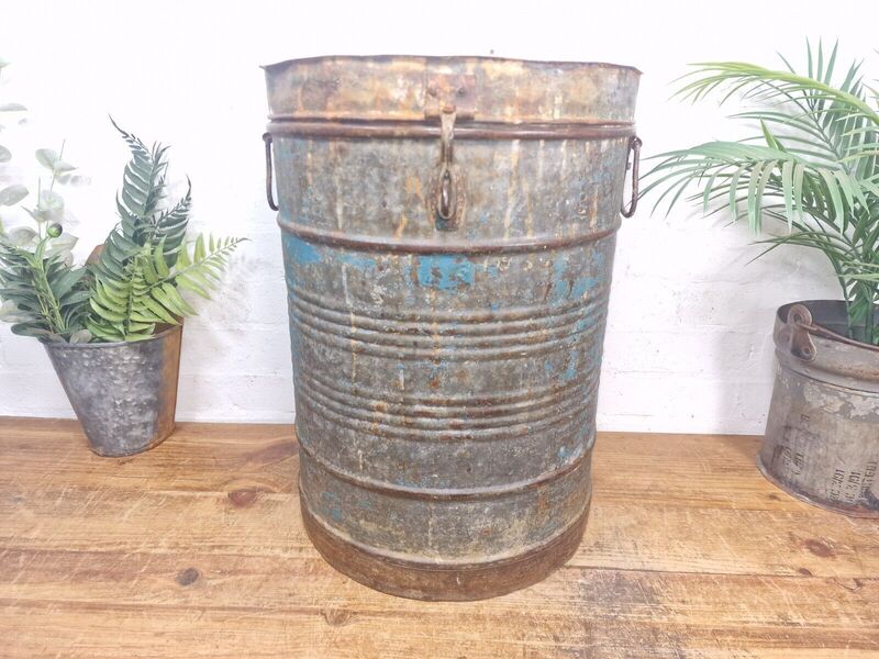 Vintage Indian Industrial Galvanised Metal Rice Grain Storage Drum Bin ...