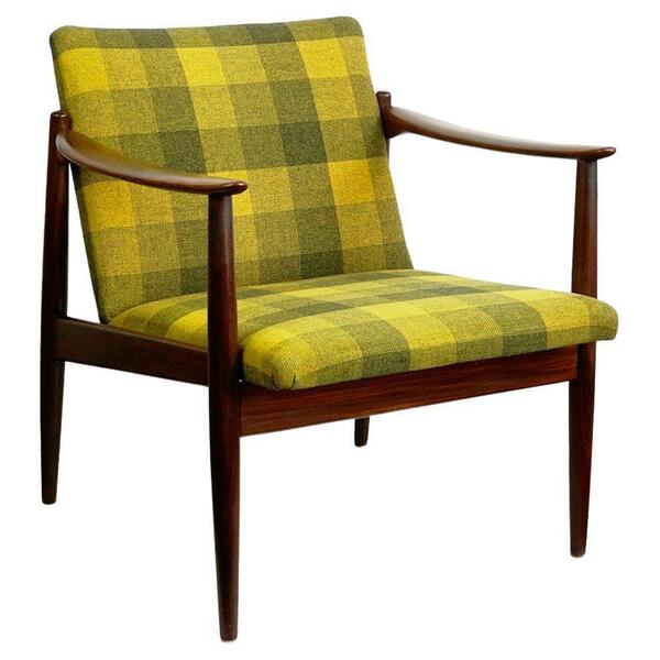 Midcentury Modern Teak And Green Checkered Fabric Lounge Chair | Vinterior