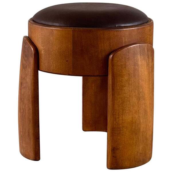 Sculptural Wooden Stool With Waxed Dark Brown Leather By Forme, Italy ...