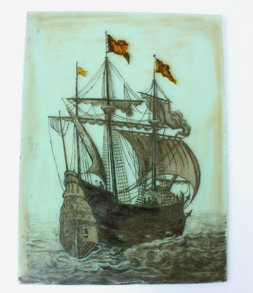 Stained Glass Window. Galleon Sailing Ship Nautical Panel. 17th Century ...
