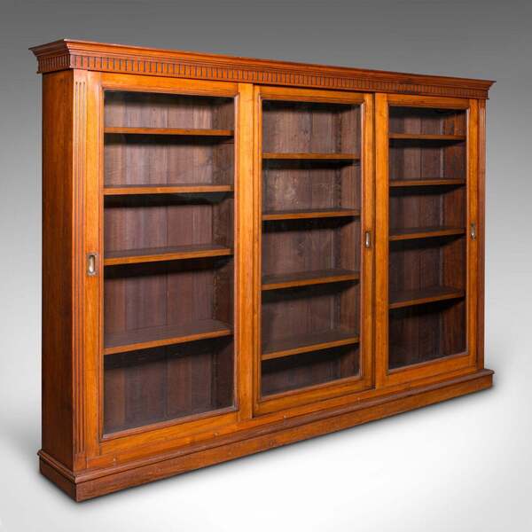 Large Antique Glazed Bookcase, English Walnut Library Display Cabinet ...