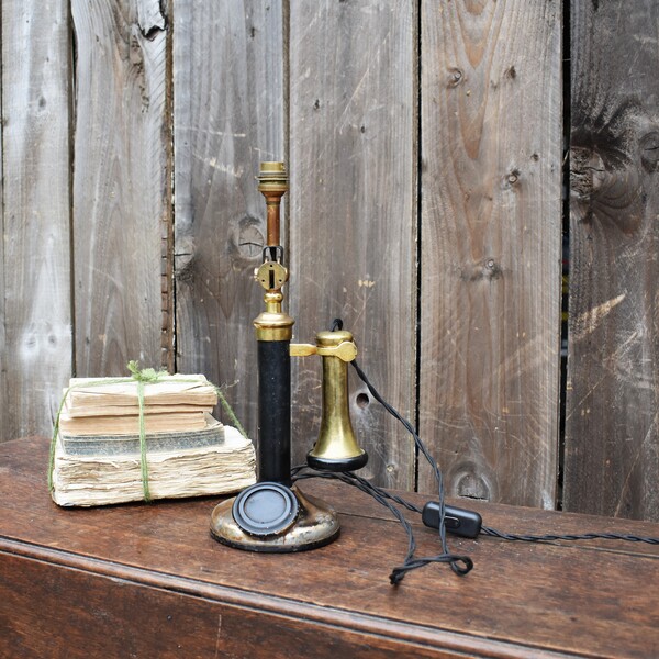 Antique Salvaged Brass Candlestick Telephone Repurposed Converted Table ...