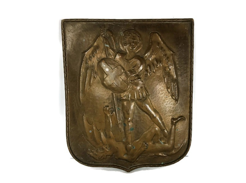 Hammered Copper Plaque Shield Archangel Michael Slaying The Dragon ...