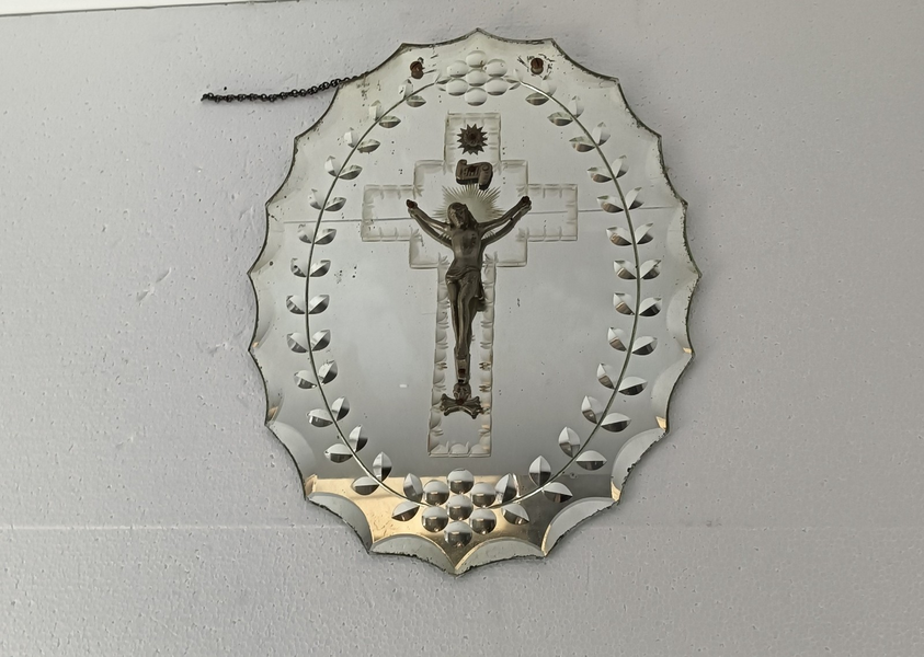 Antique Cut To Clear Glass Mirror With Spelter Cross Crucifix Beveled ...