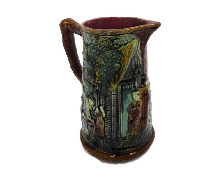 Antique Barbotine Majolica French Tavern Pitcher Wonderful Scenes ...