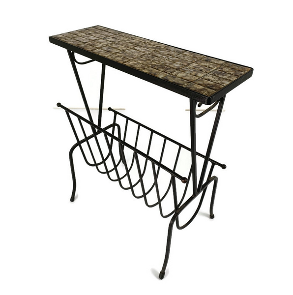 Vintage Mid Century Modern Magazine Newspaper Basket Rack Table Wrought ...