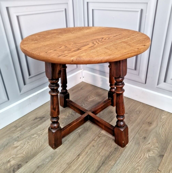 Antique Solid Oak Wooden Occasional Round Hall Table Turned Cross Base ...