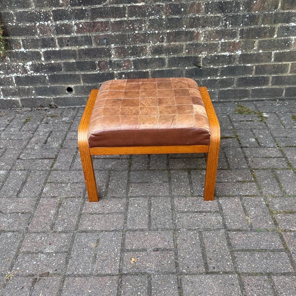 Vintage Retro Wooden And Leather Footstool – Danish Style Patchwork ...