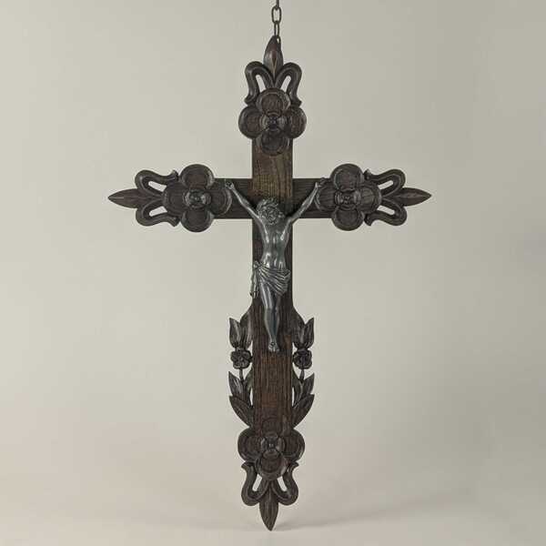 Large Antique French Carved Oak Crucifix, 85cm Gothic Revival Wall ...