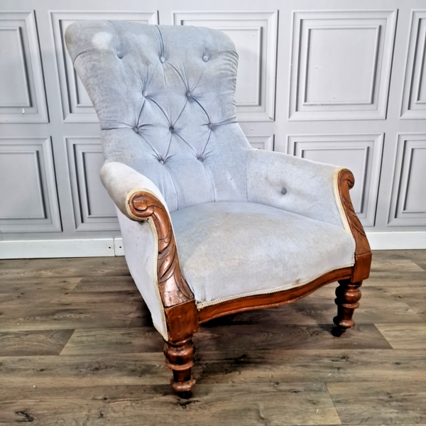 Antique Victorian Armchair – Deep Button Back – Carved Scroll Arms Mahogany | Vinterior